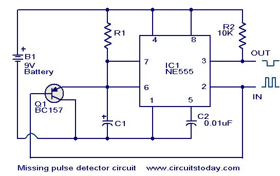Missing pulse detector circuit using NE555 Missing pulse detector circuit using NE555