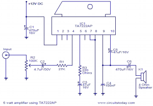 6W amplifier using TA7222AP - Electronic Circuits and Diagrams ...