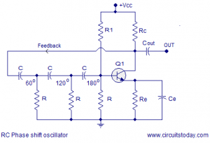 Transistor phase shift oscillator. RC phase shift network and RC phase ...