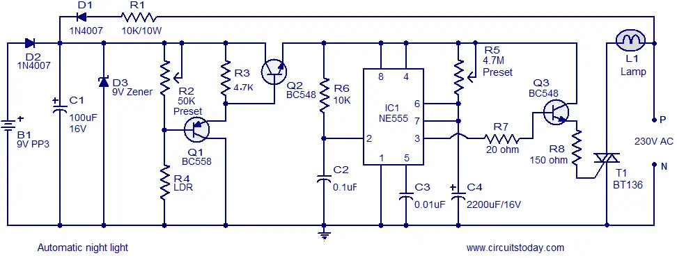 Automatic night light circuit that switches off after a preset time Automatic night light circuit that switches off after a preset time