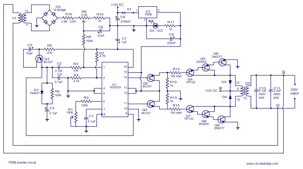 PWM inverter circuit based on SG3524 : 12V input, 220V output, 250W. PWM inverter circuit based on SG3524 : 12V input, 220V output, 250W.