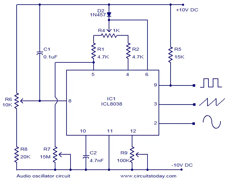Audio oscillator circuit based on ICL8038. Square, triangle and sine ... Audio oscillator circuit based on ICL8038. Square, triangle and sine ...