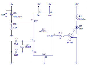 Blinking LED using 8051. Circuit diagram and Programs. Blinking one LED ...