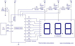 Digital thermometer using arduino. Celsius and Fahrenheit scales. Three ...