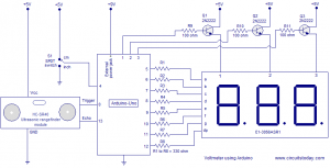 Simple ultrasonic range finder using arduino. Circuit diagram, program ...